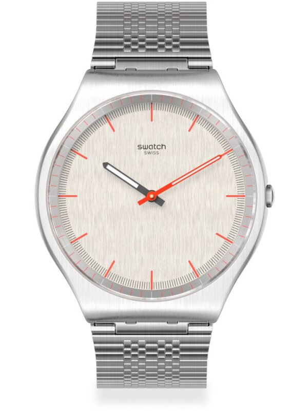 Swatch TIMETRIC SS07S113GG mit flachem Gehäuse und Milanise-Armband,